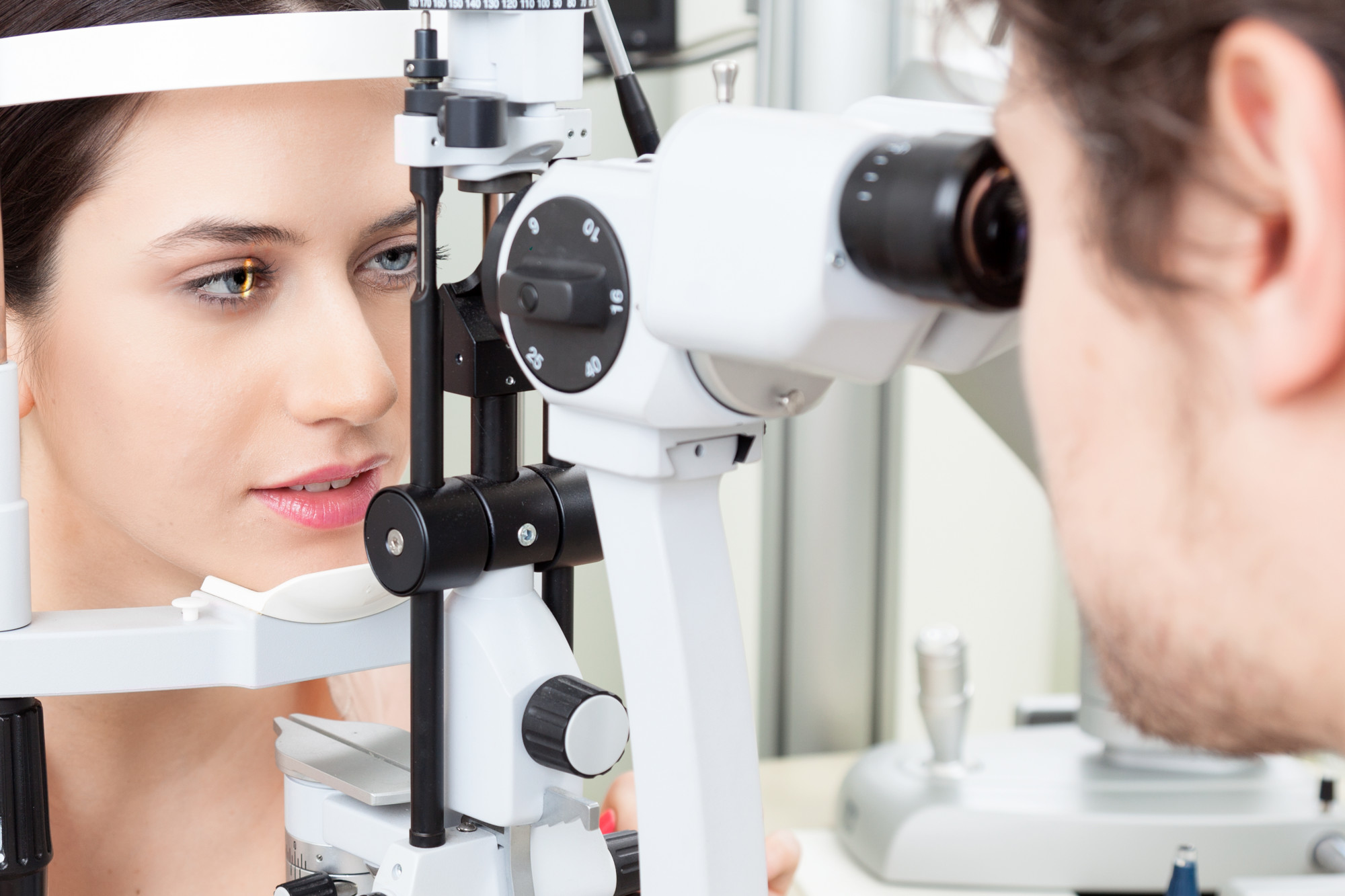 Young Woman Having An Slit lamp Eye Test In Ophthalmology Clinic Drs 